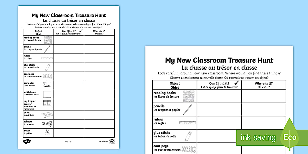 Editable My New Classroom Treasure Hunt Worksheet - French