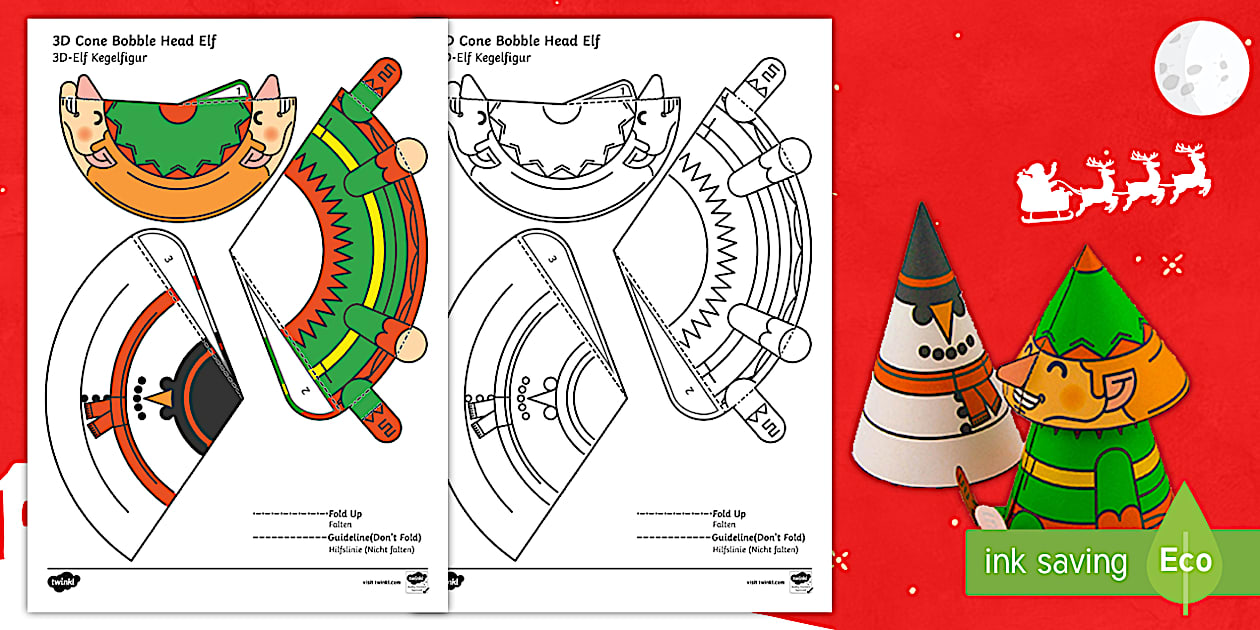 Simple 3D Cone Elf Bobble Head Christmas Activity Paper Craft English ...