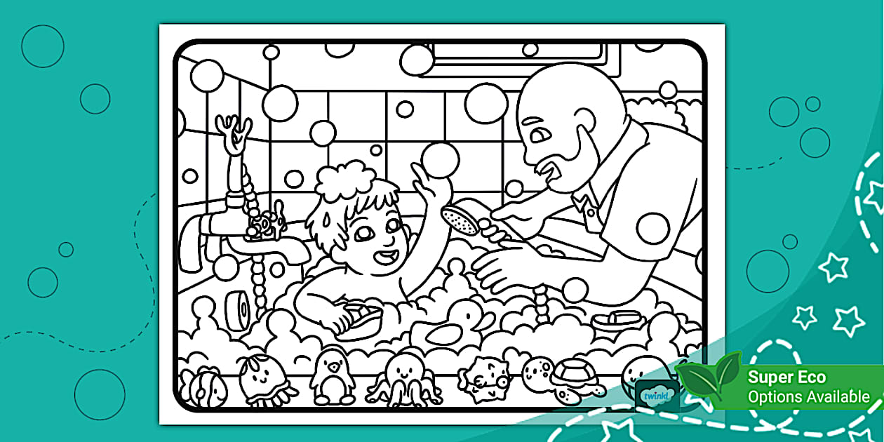 Busy Picture Bath Scene Colouring Sheet | Parents Resource
