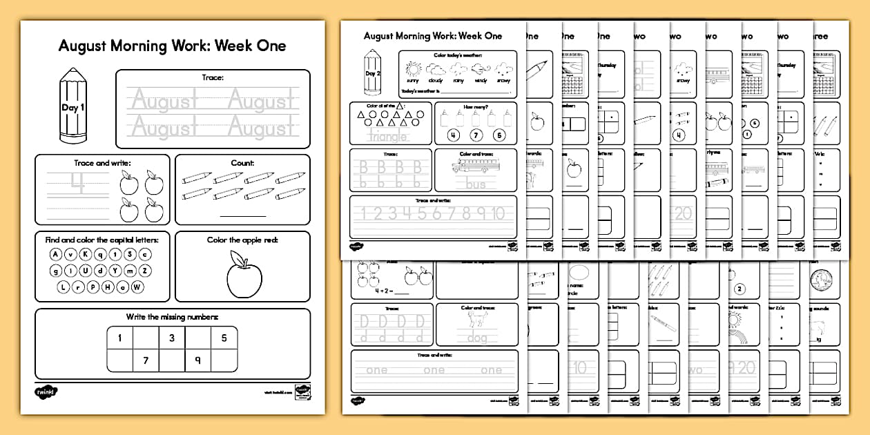 Kindergarten August Morning Work Bundle - Twinkl