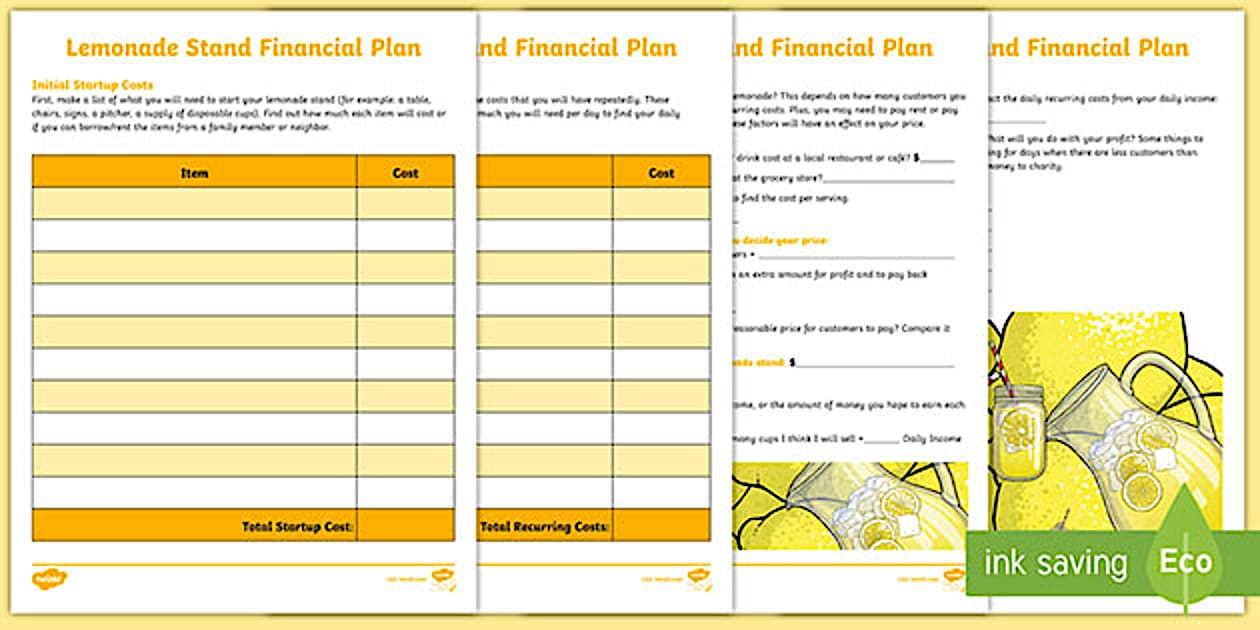 Lemonade Stand Financial Plan Worksheet | Twinkl USA