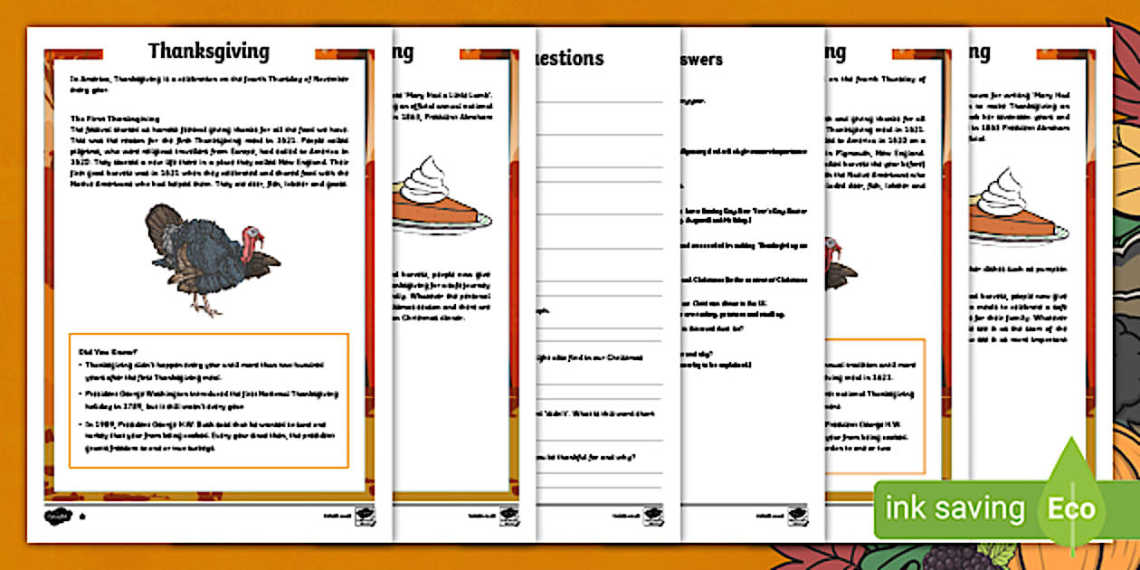 Thanksgiving Reading Comprehension Worksheet PDF | Twinkl