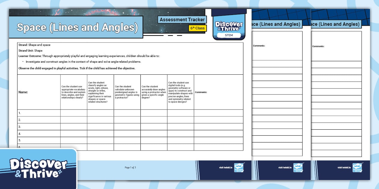 Space (Lines and Angles) Assessment Tracker 6th Class