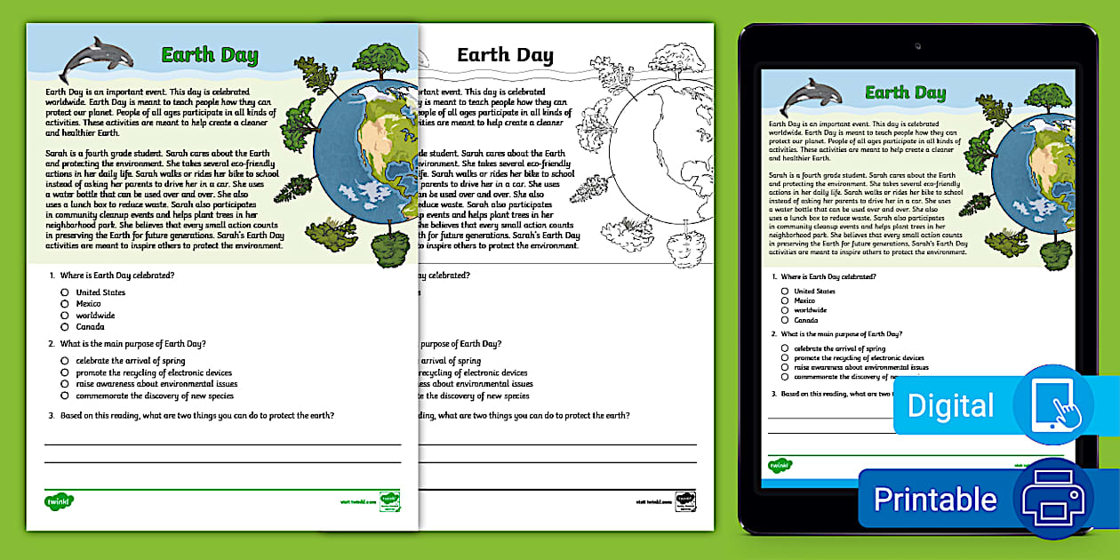 Fourth Grade Earth Day Reading Passage Comprehension Worksheet