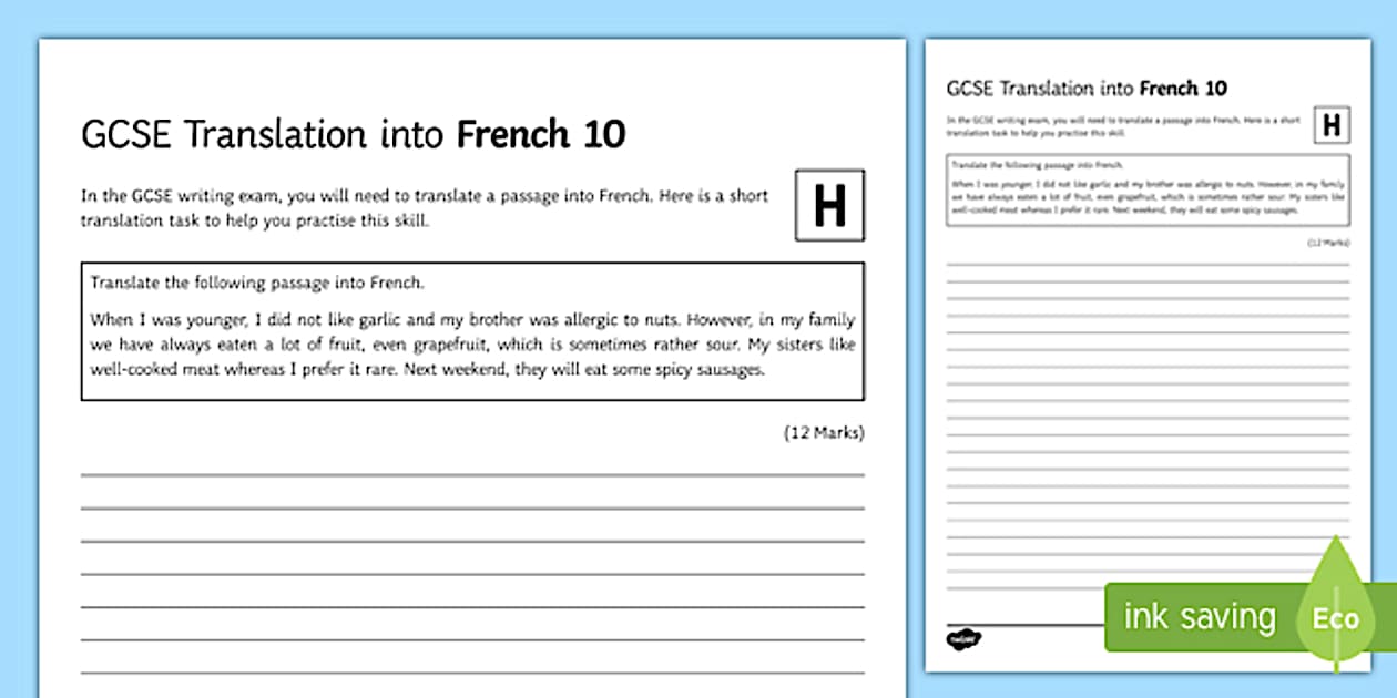 GCSE French: Translation into French 10 - Higher Tier Worksheet