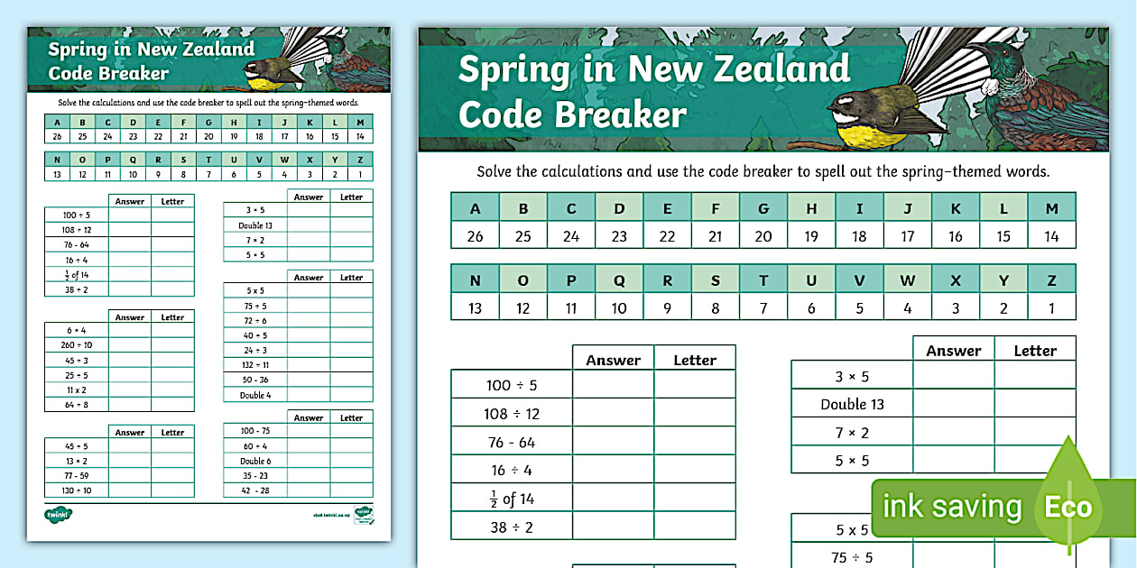 Spring in New Zealand Maths Code Breaker Worksheet - Twinkl