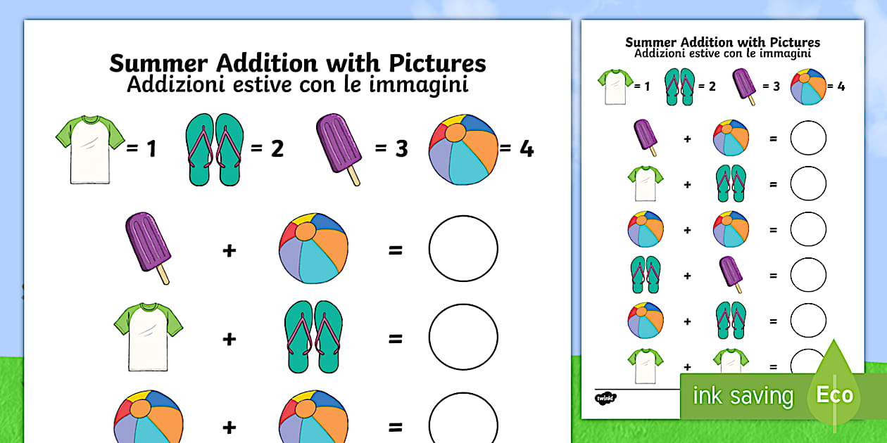 Summer Themed Addition with Pictures Activity English/Italian - Summer ...