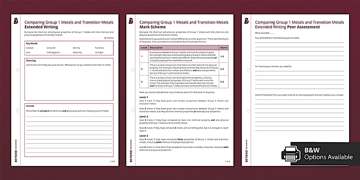 Comparing Group 1 Metals and Transition Metals Extended Writing