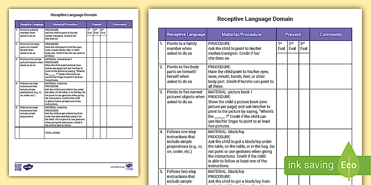 RECCD Checklist Receptive Language Domain | Philippines | Twinkl
