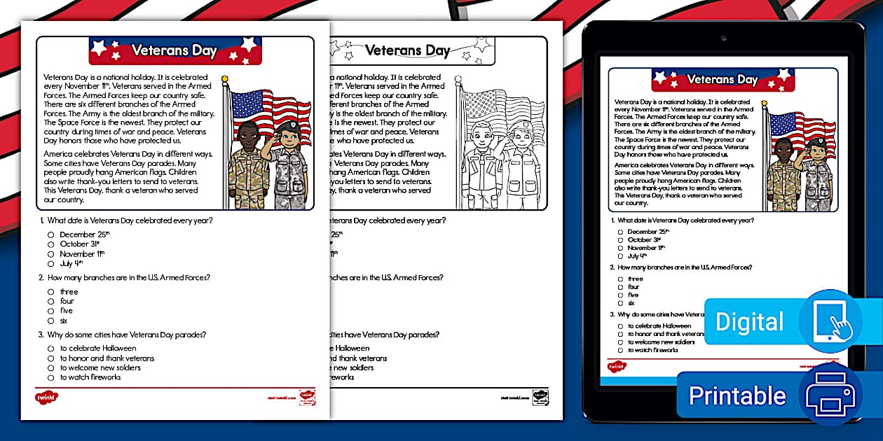 Second Grade Veterans Day Reading Passage Comprehension