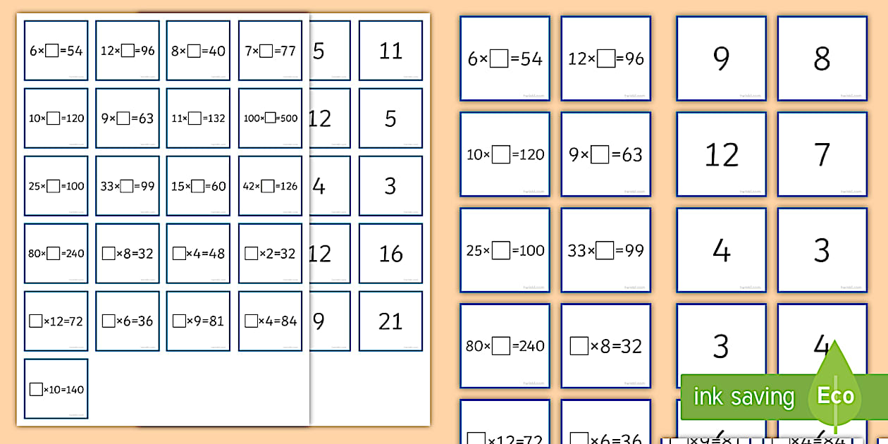 Missing Numbers in Multiplication Matching Cards - Twinkl