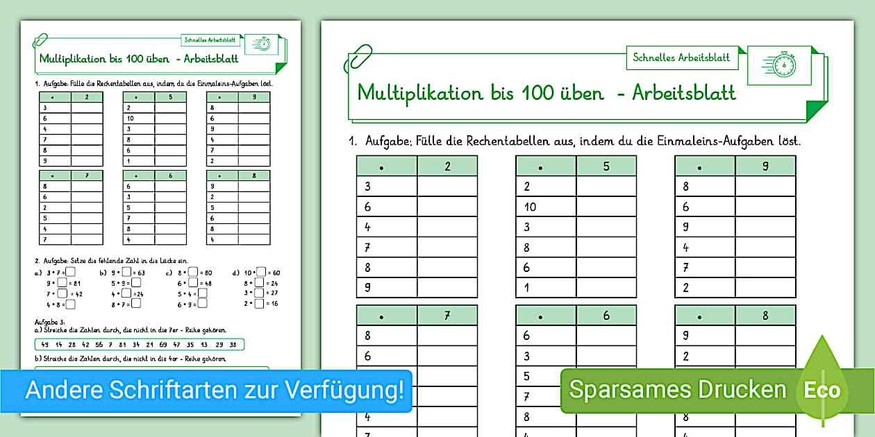Multiplikation bis 100 üben - Arbeitsblatt (teacher made)