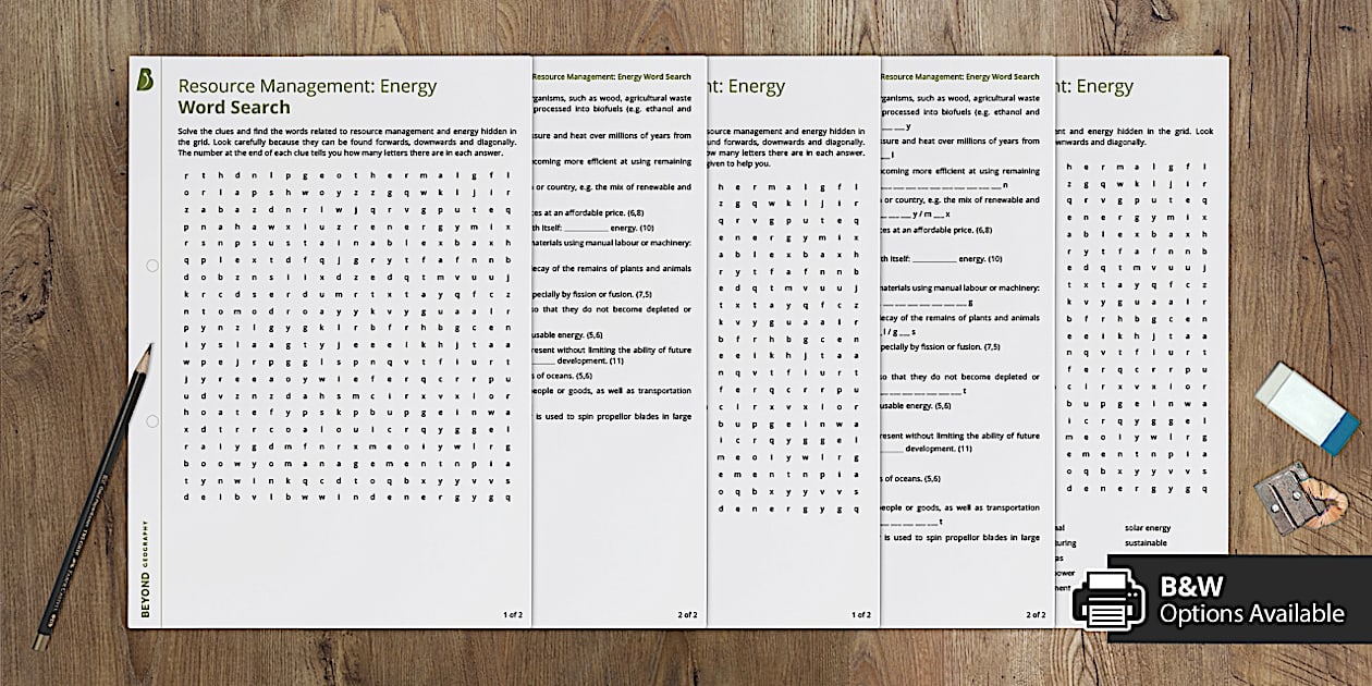 GCSE AQA Geography Resource Management: Energy Word Search