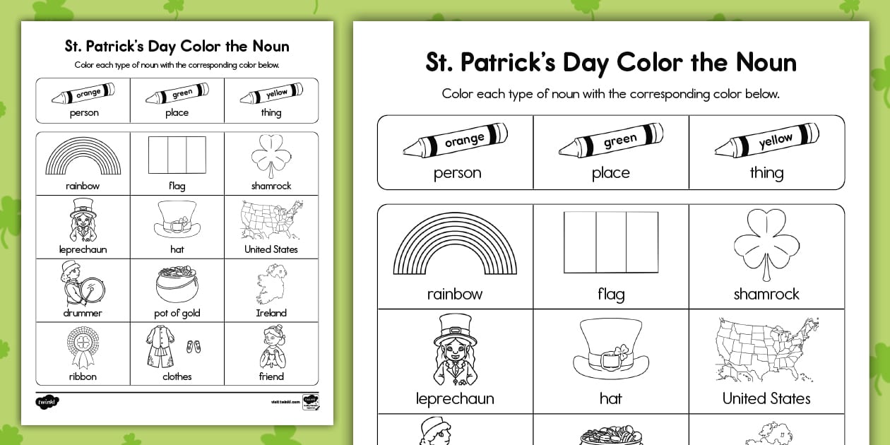 Kindergarten St. Patrick's Day Color the Noun Worksheet