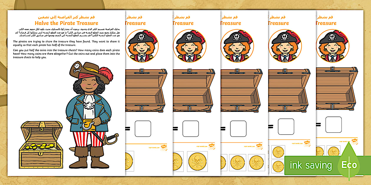Halving Pirate Treasure Worksheets - Arabic/English - Twinkl