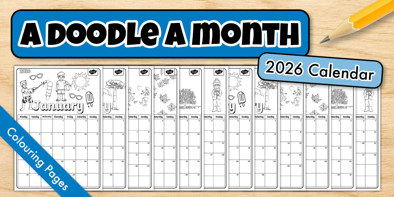 A Doodle a Month 2026 Calendar Colouring Pages
