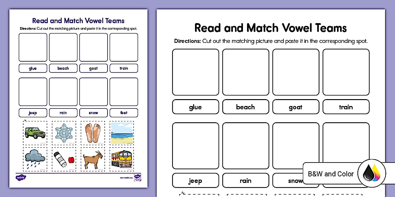 Read and Match Vowel Teams Worksheet for K-2nd Grade