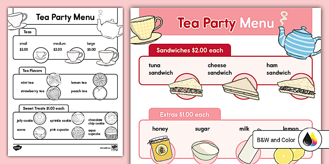Tea Party Dramatic Play Menu Sign (professor feito) - Twinkl