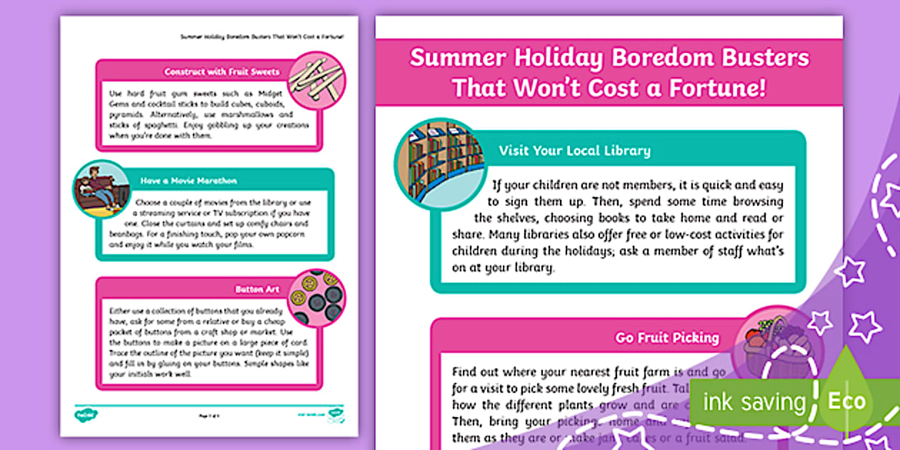 Low Cost Fun in the Holidays Worksheet / Worksheet - Twinkl