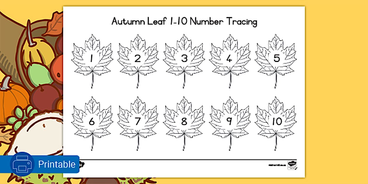 Autumn Maths Worksheet | Leaf Numbers | 1-10 Tracing