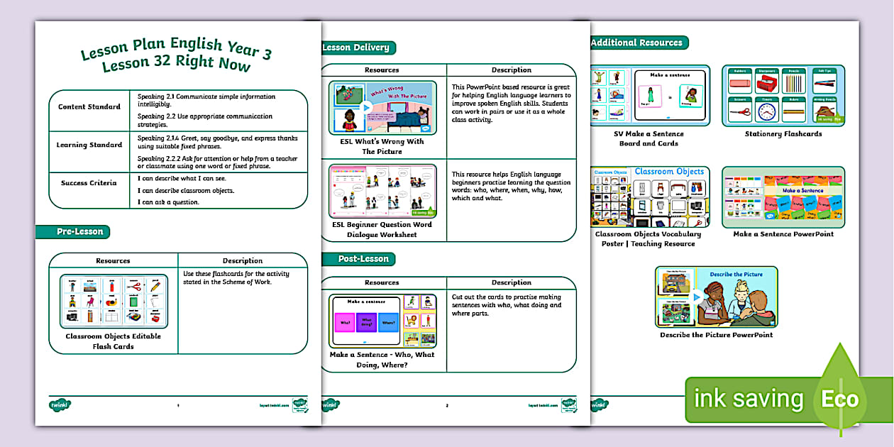 Lesson Plan English Year 3 Lesson 32 At School - Twinkl