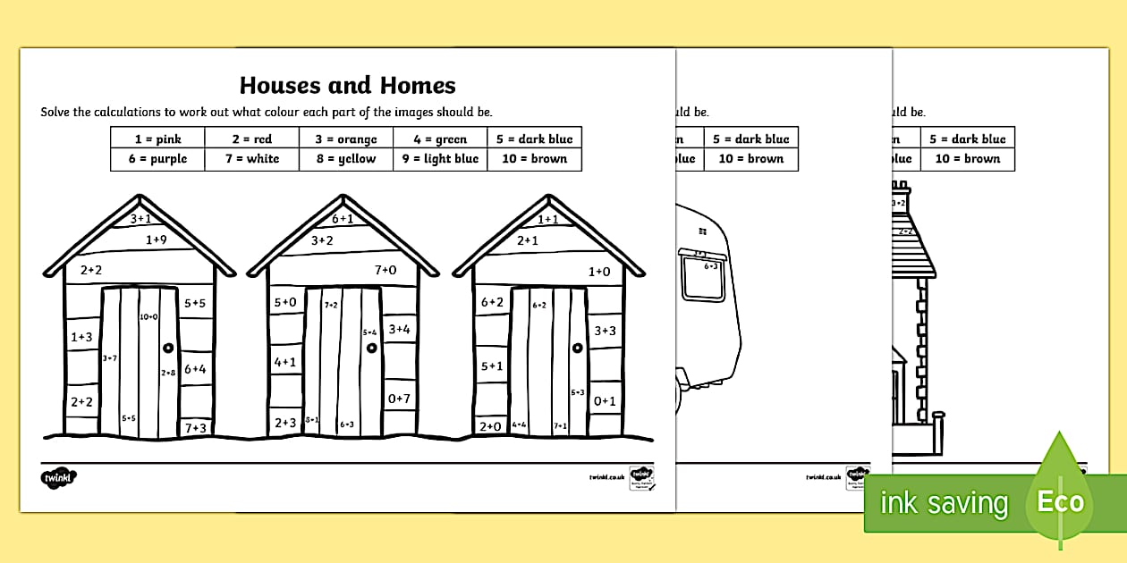 Cursive Houses and Homes Addition to 10 Color by Number