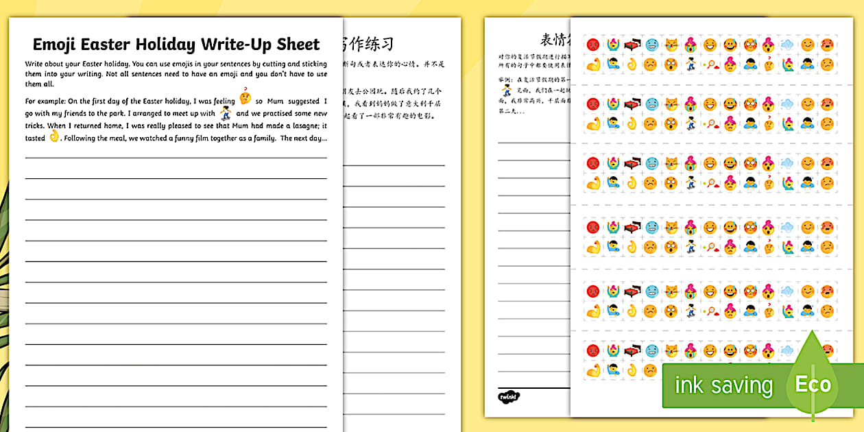 😊 Emoji Easter Holiday Write-Up Worksheet English/Mandarin Chinese
