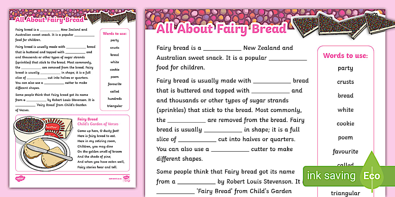 Black and White Fairy Bread Cloze Worksheet (teacher made)