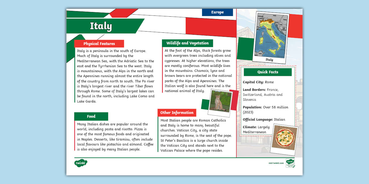 Italy KS2 Fact File - Geography - Europe