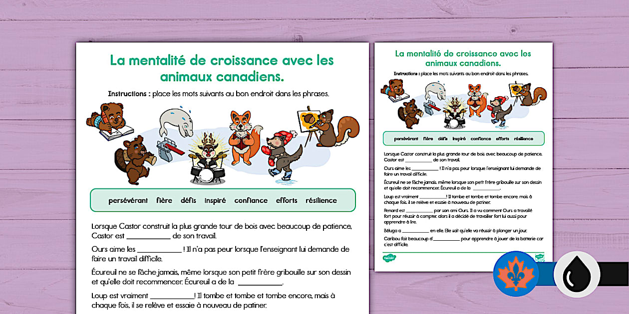 Cloze Activity Growth Mindset Canadian Animals French