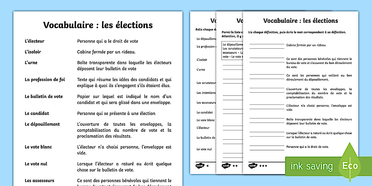 Editable Fiche de vocabulaire : les élections - Twinkl
