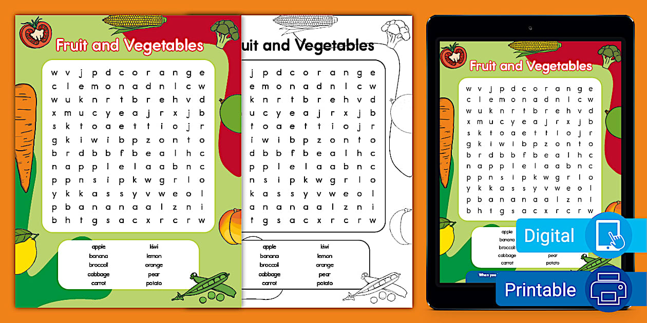 Fruits and Vegetables Word Search for K-2nd Grade - Twinkl