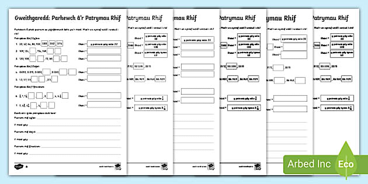 Taflenni Gweithgaredd Parhau â'r Patrymau Rhif