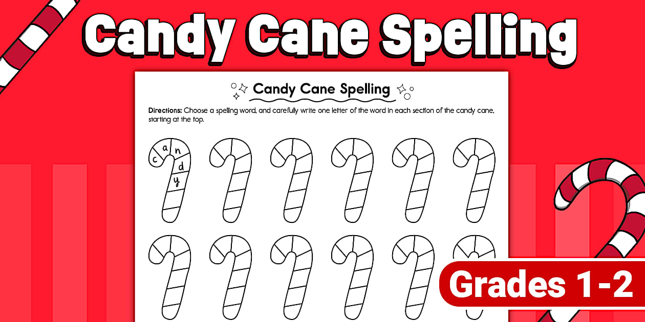 Candy Cane Spelling Worksheet for 1st-2nd Grade