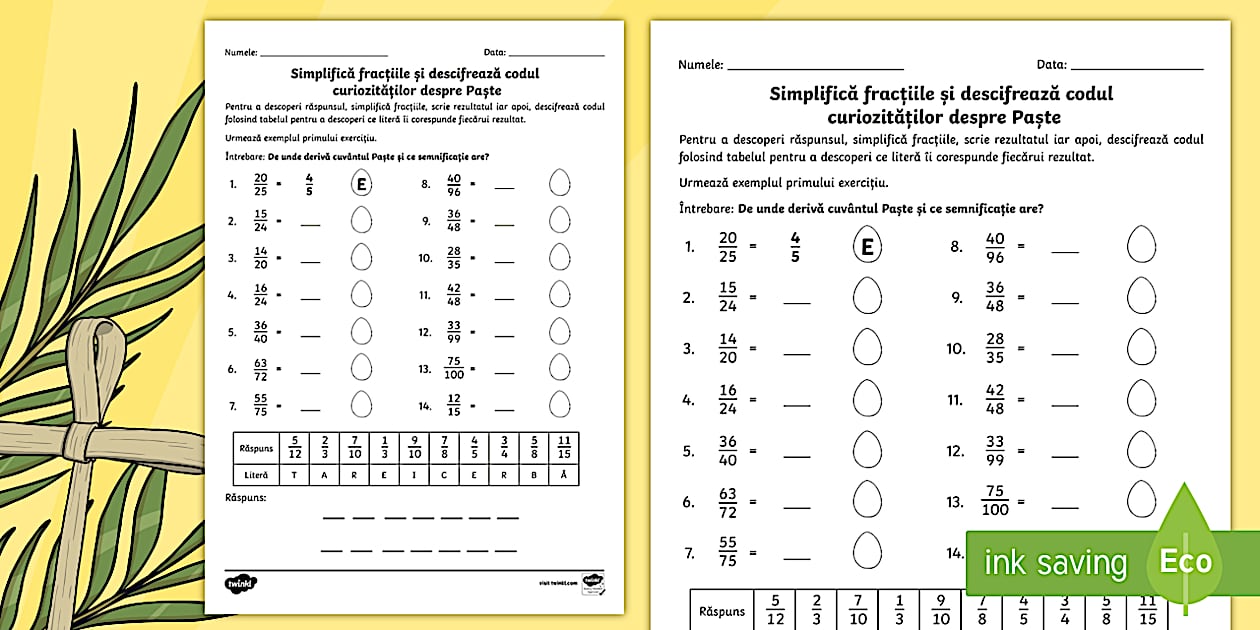Fracții:Descifrează codul curiozităților despre Paște - Fișă de lucru