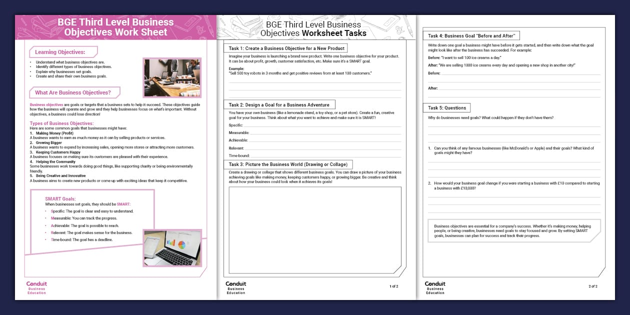 BGE Third Level Business Objectives Work Sheet - Twinkl