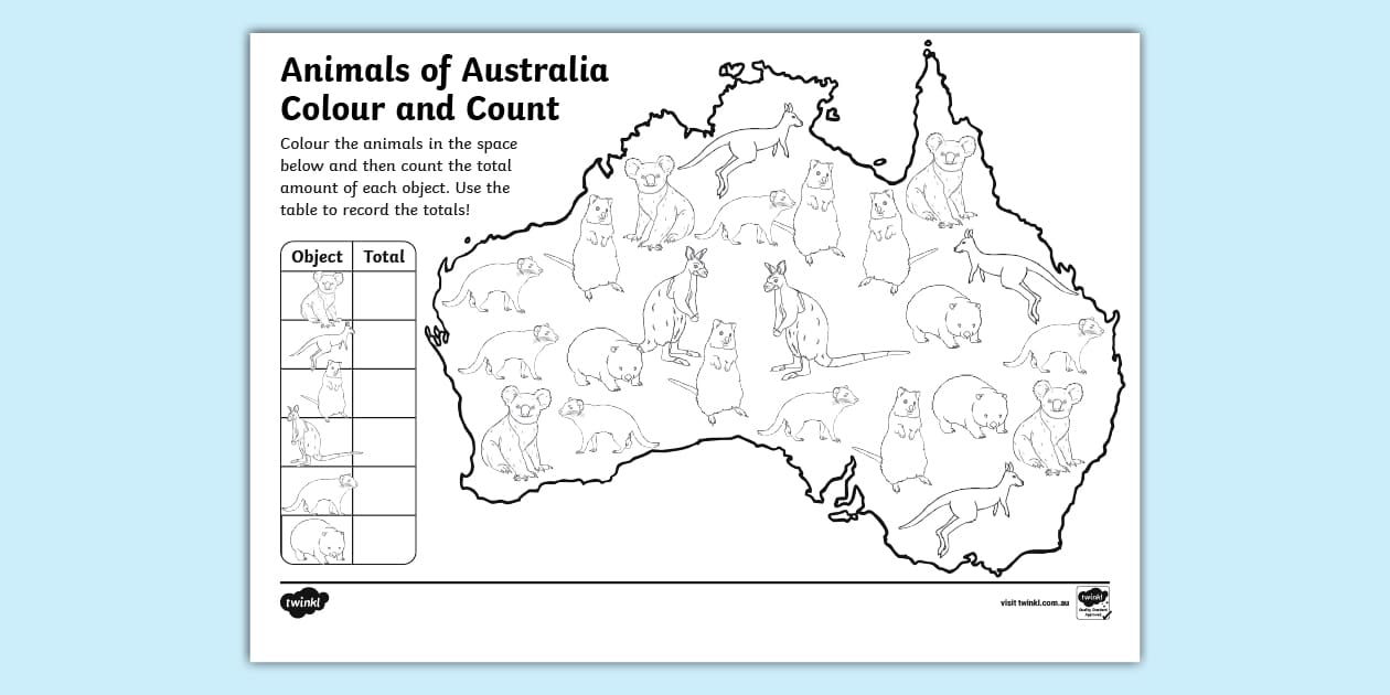 Animals of Australia Colour and Count Worksheet - Twinkl