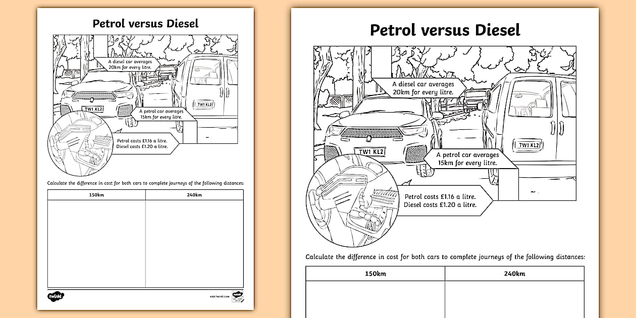 Petrol Versus Diesel Worksheet (teacher made) - Twinkl