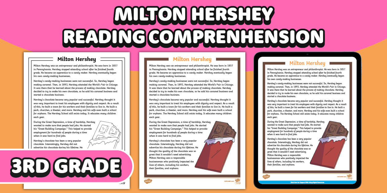 Third Grade Milton Hershey Reading Comprehension Worksheet