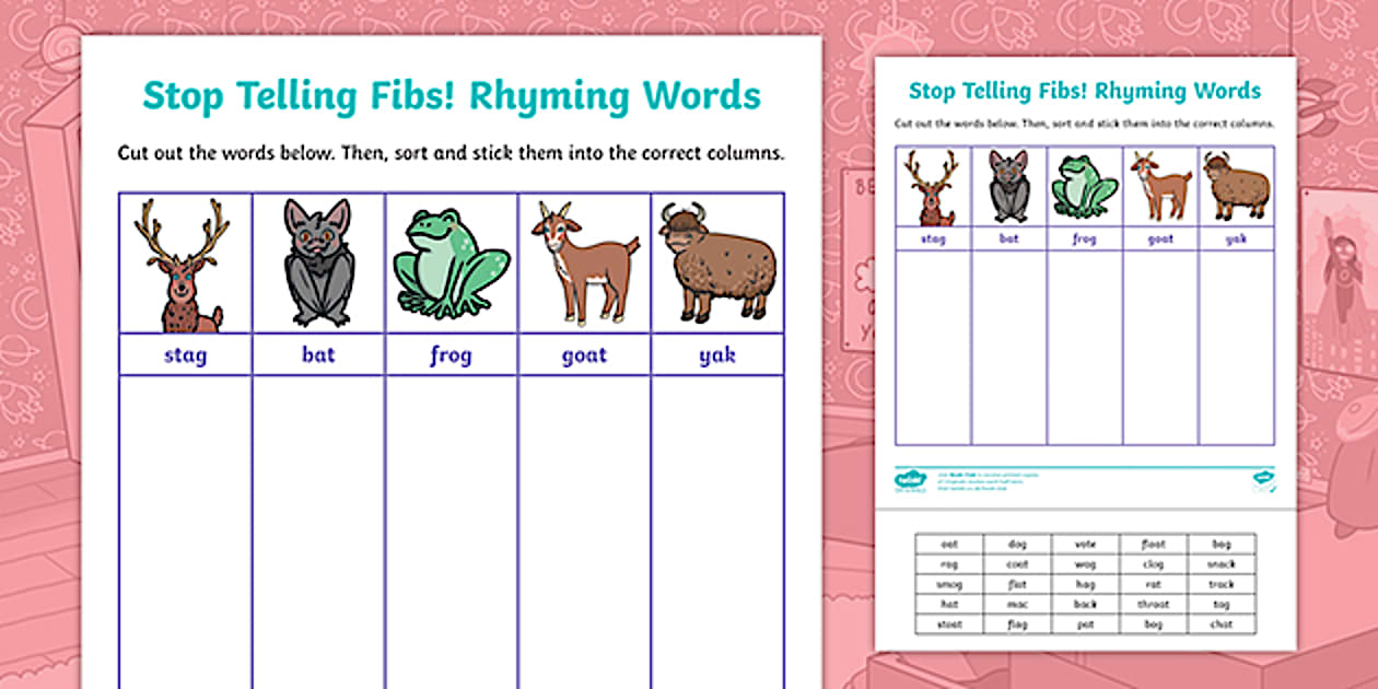 Stop Telling Fibs! Rhyme Sort Worksheet - Primary Resources