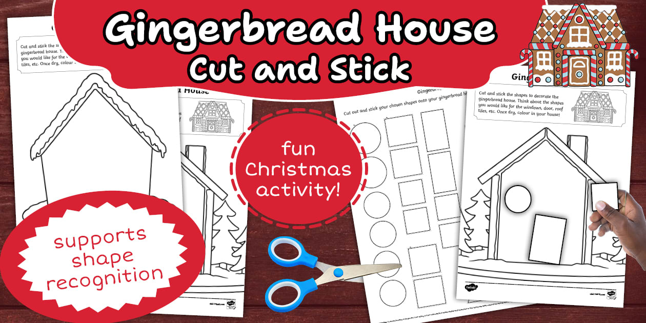 Christmas Gingerbread House Shape Cut-and-Stick Activity