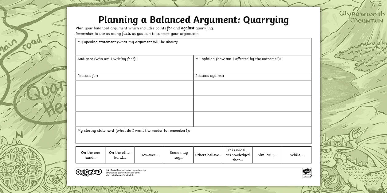 Quarrying: Planning a Balanced Argument Worksheet - Twinkl