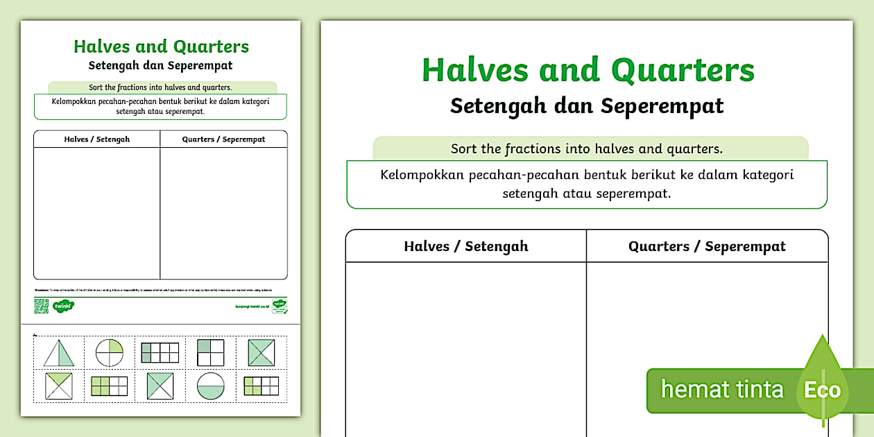 Worksheet Bilingual Pecahan Setengah dan Seperempat - Twinkl
