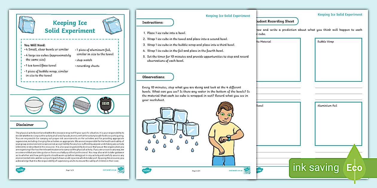 Editable Keeping Ice Solid Experiment and Worksheets