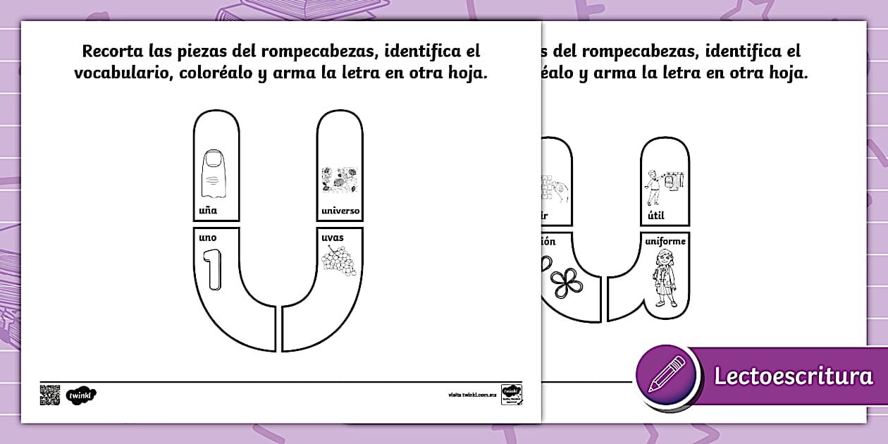 Hoja de actividad: Rompecabezas de la letra U (teacher made)