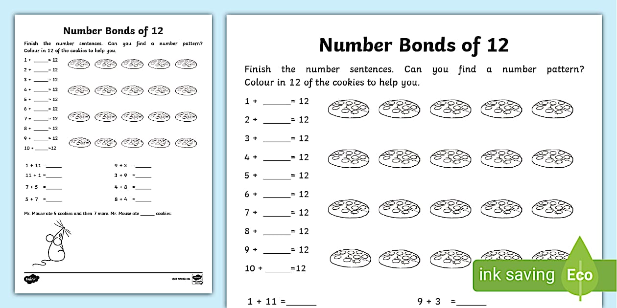 Number Bonds Within 20: Bonds of 12 Worksheet (teacher made)