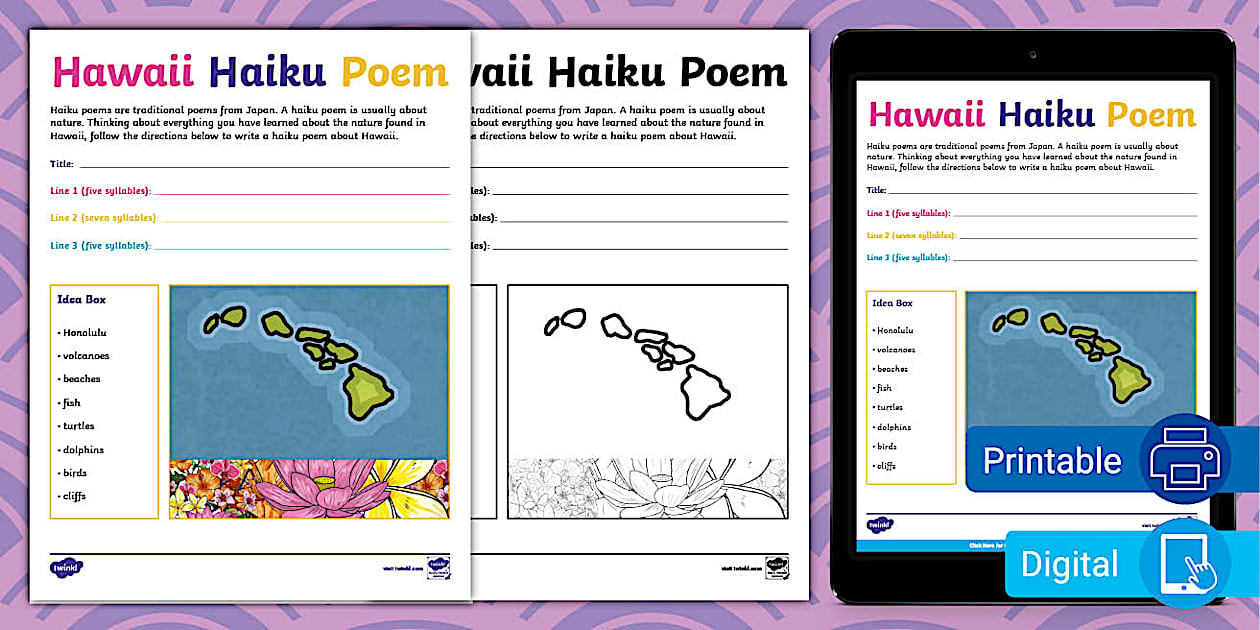 Hawaii Haiku Poem Worksheet for 3rd-5th Grade (teacher made)