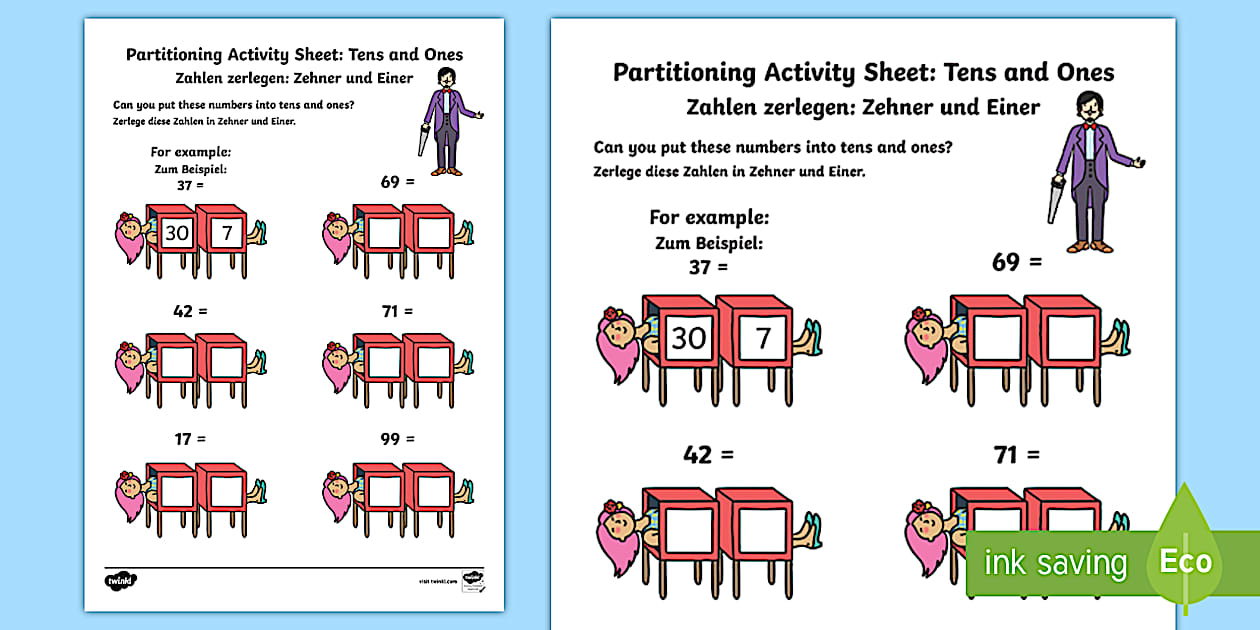 Editable Maths Magician Partitioning Tens and Ones Worksheet English/German