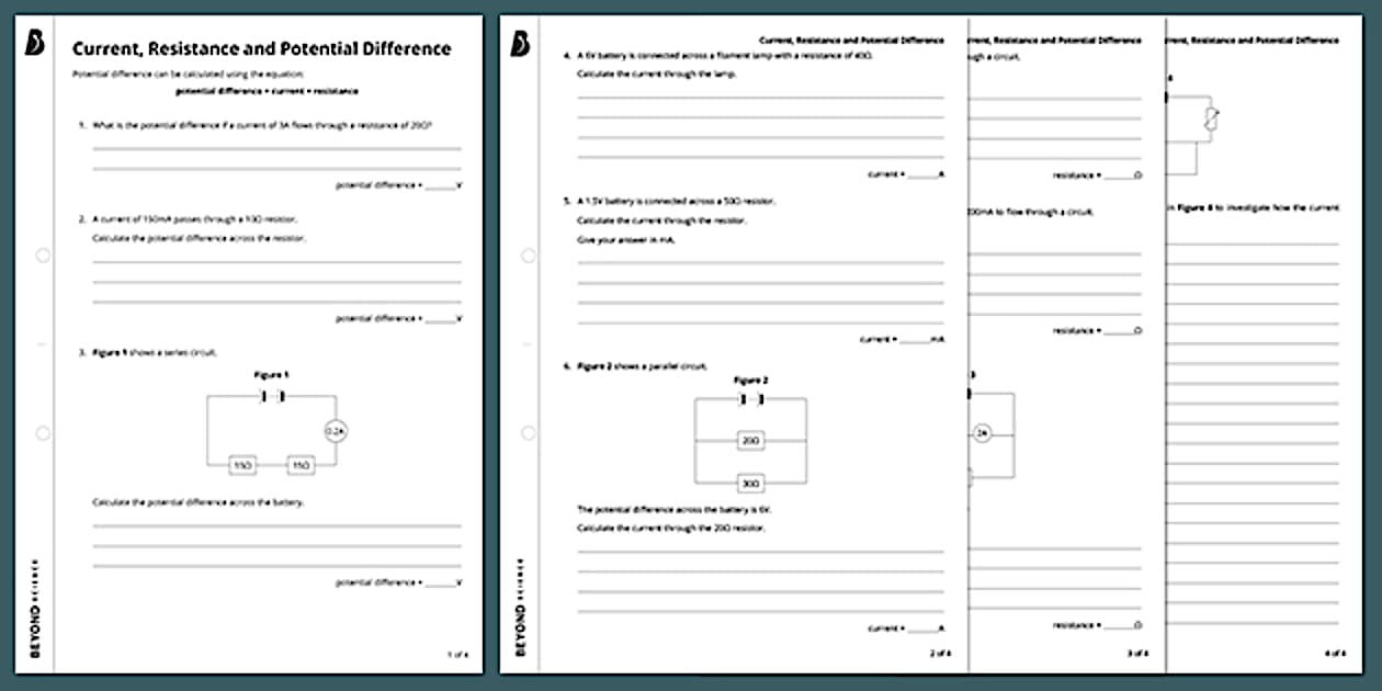 Current, Resistance, Potential Difference Worksheet | Beyond
