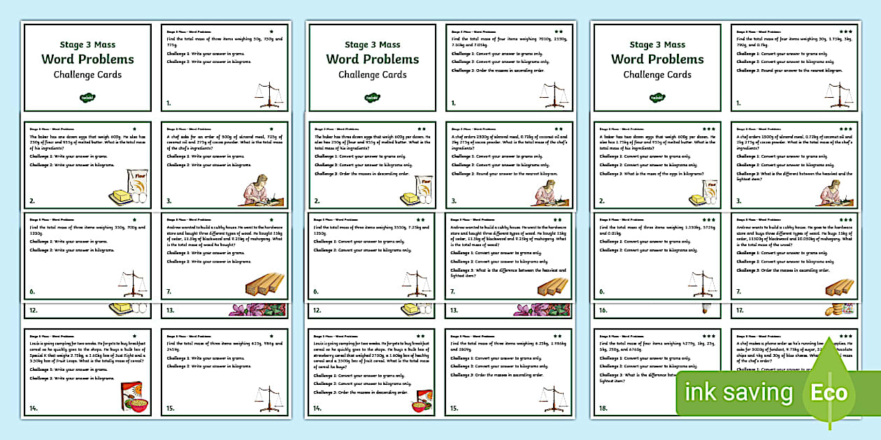 Editable Stage 3 Maths Mass Differentiated Challenge Cards